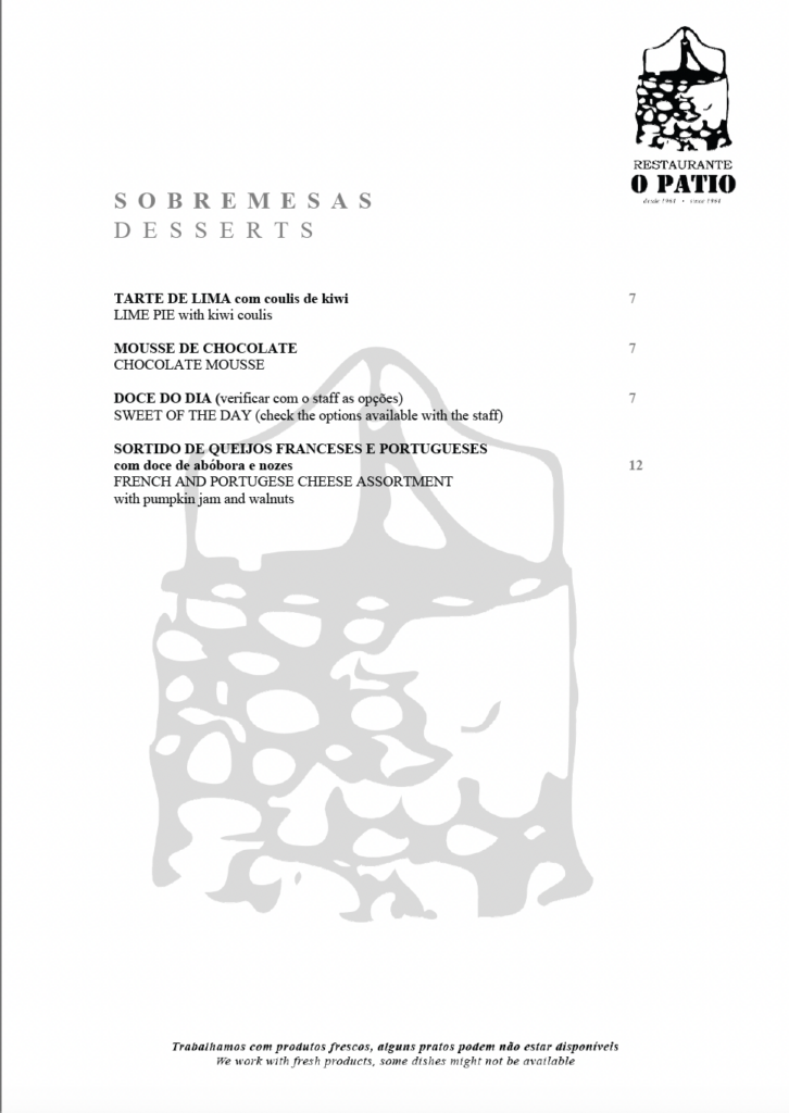 Our Menu – o Patio Carvoeiro Restaurant