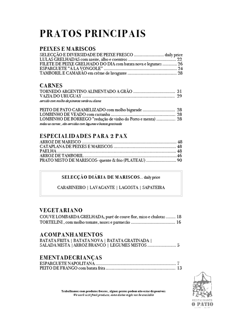 Our Menu – o Patio Carvoeiro Restaurant