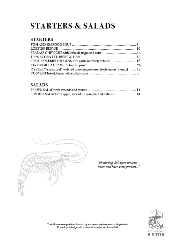 Our Menu – o Patio Carvoeiro Restaurant