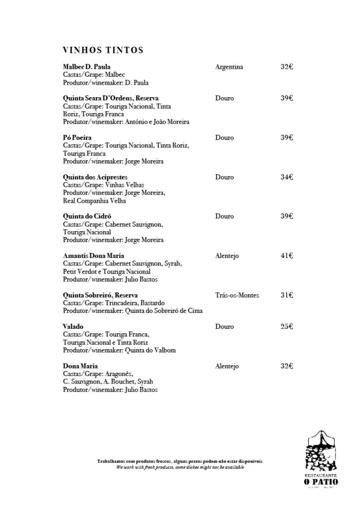 Our Menu – o Patio Carvoeiro Restaurant